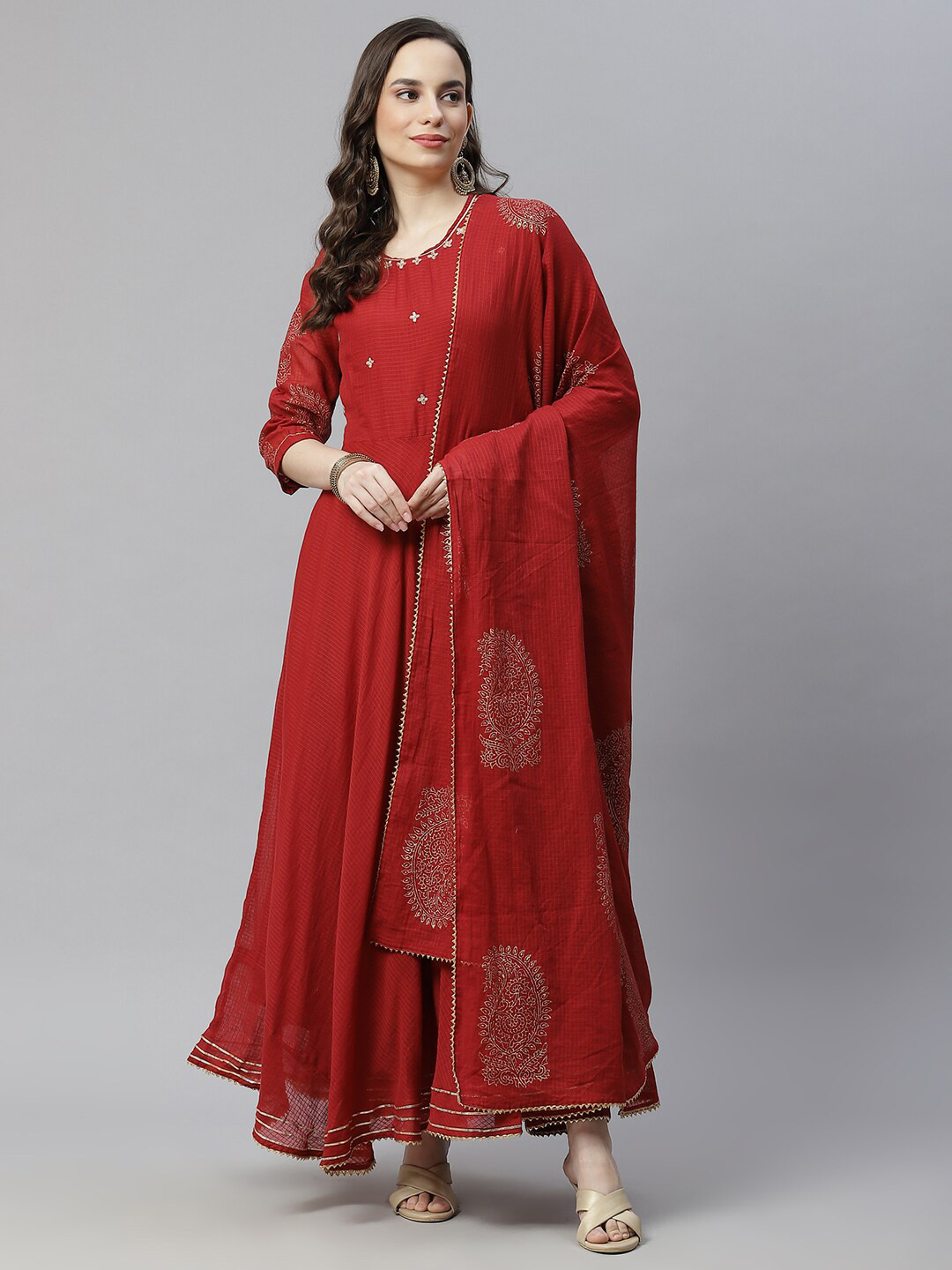 Buy Hatheli Ethnic Motifs Embroidered Cotton Anarkali Kurta With ...