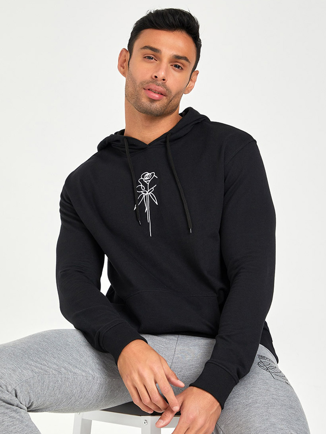 Buy Styli Black Embroidered Relaxed Fit Hooded Cotton Pullover ...
