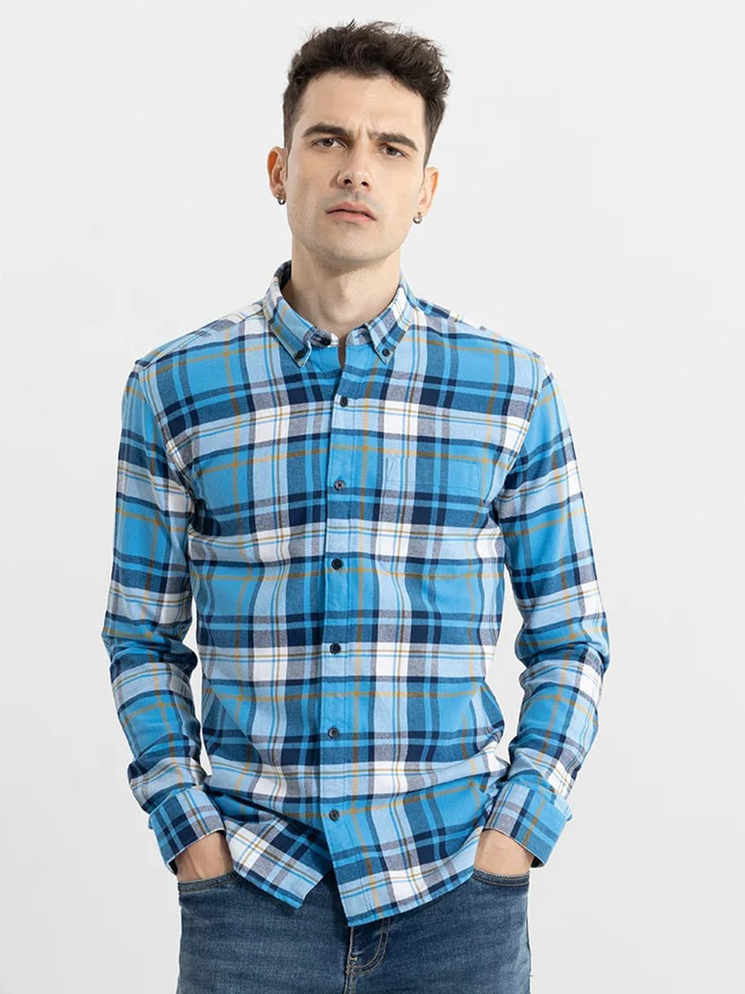 Buy Snitch Blue Classic Slim Fit Tartan Checks Opaque Checked Casual ...