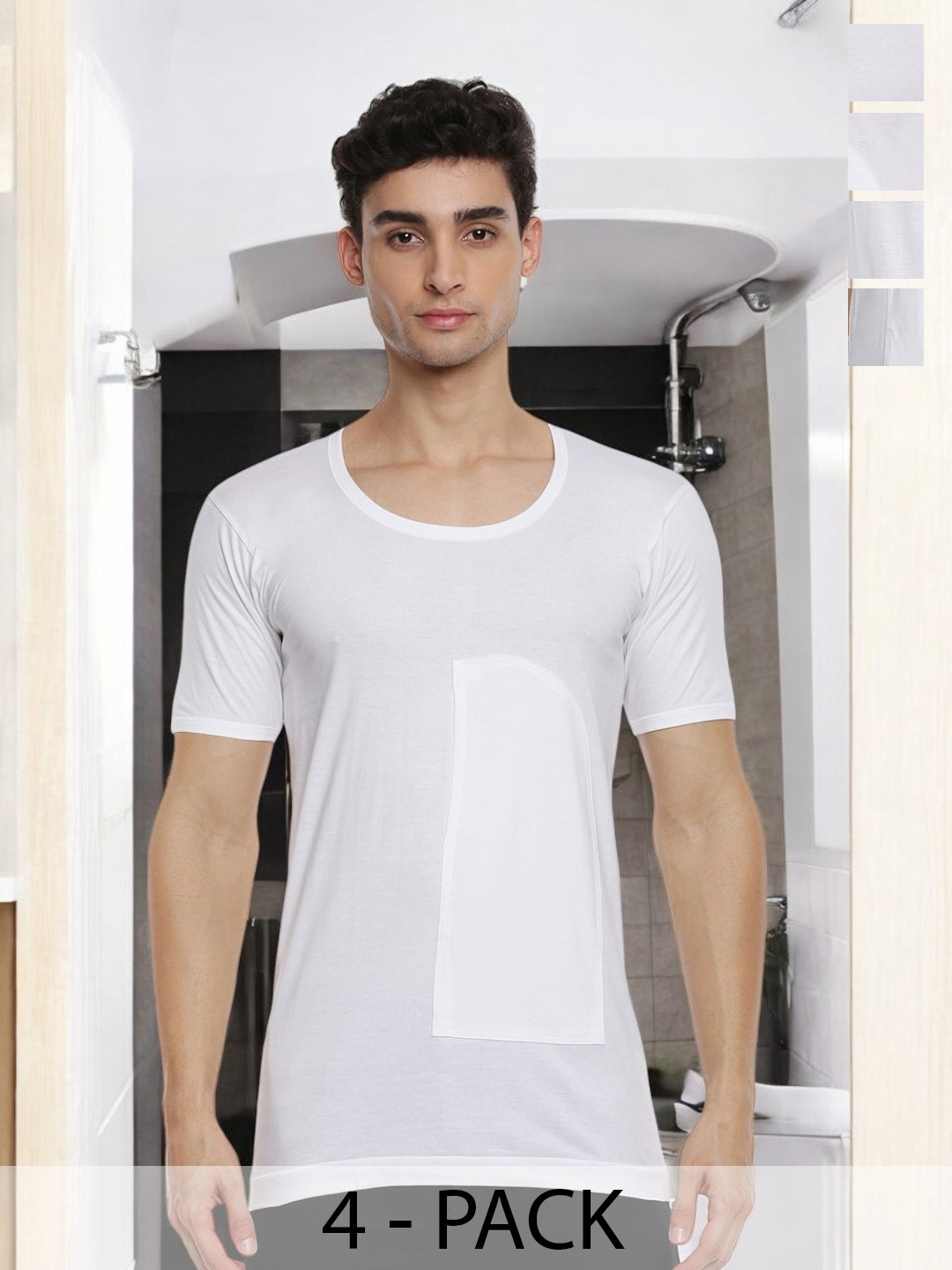 Buy Ramraj Pack Of 4 Men White Round Neck Half Sleeve Cotton With ...