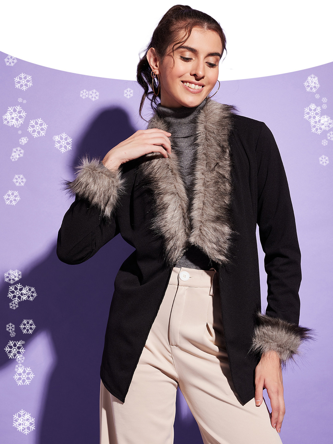 Buy BUY NEW TREND Faux Fur Detailed Winter Open Front Shrug - Shrug for ...