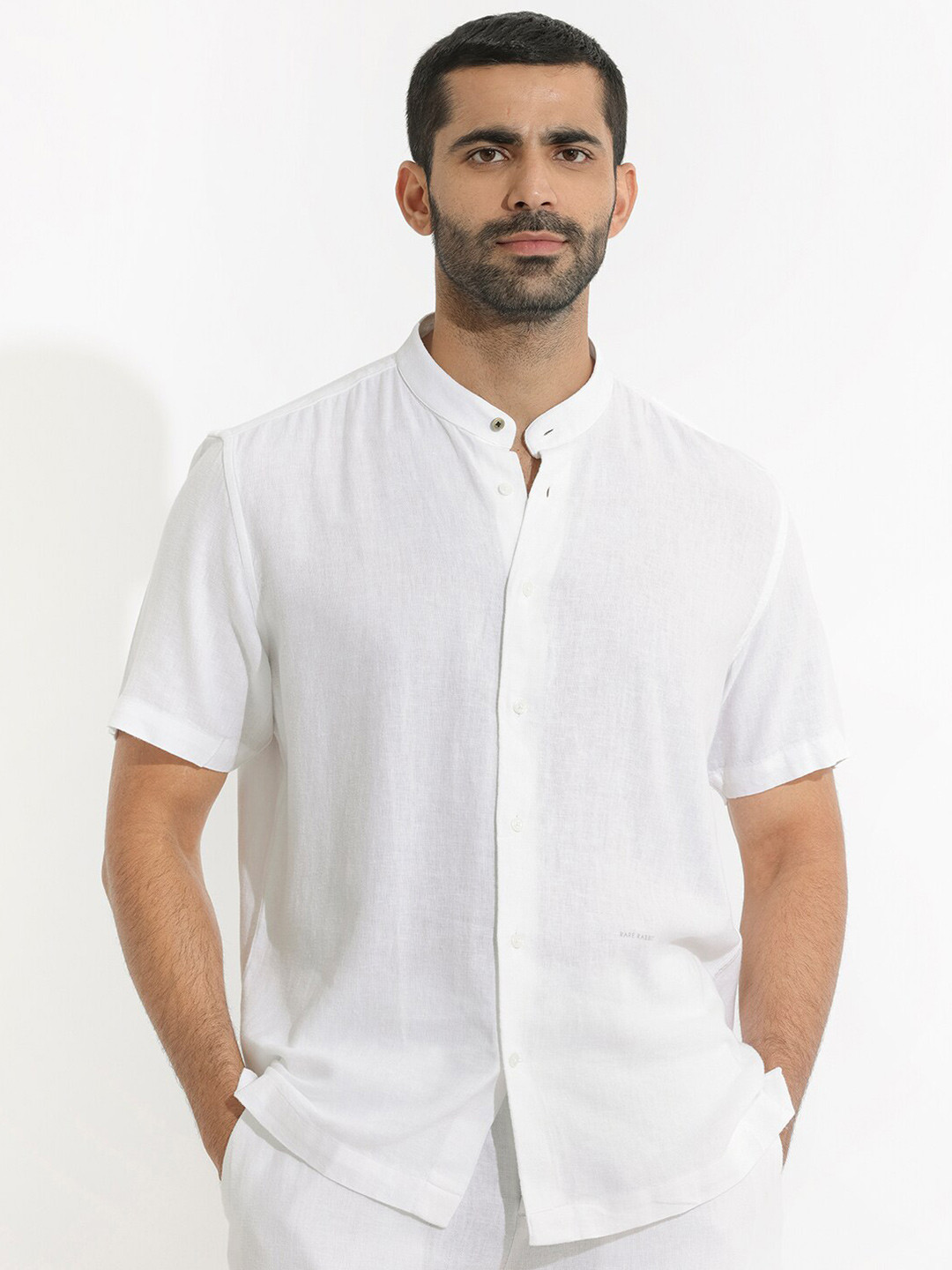 Buy RARE RABBIT Men Lune Slim Fit Band Collar Linen Shirt - Shirts for ...