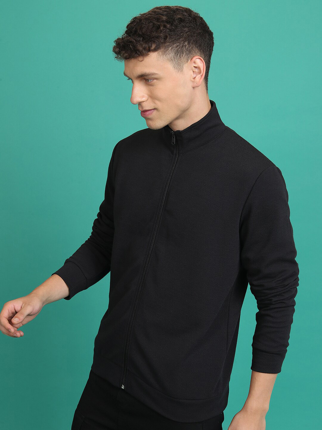 Buy HIGHLANDER Self Design High Neck Front Open Sweatshirt ...