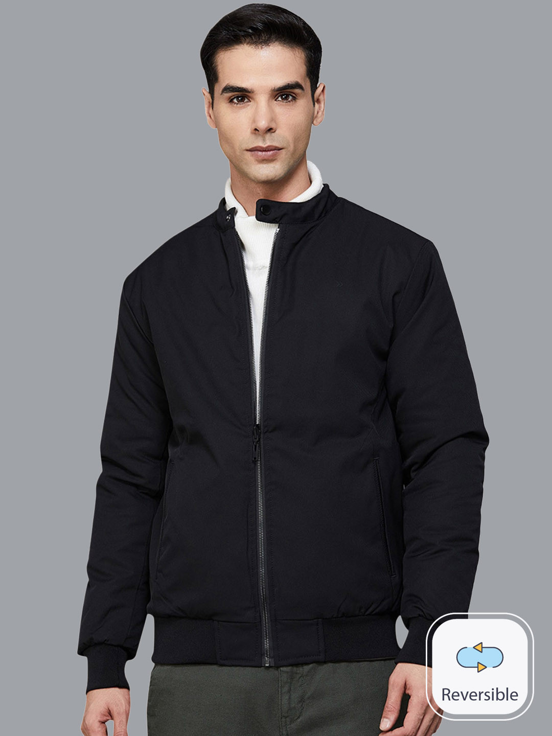 Buy CODE By Lifestyle Mandarin Collar Reversible Bomber Jacket ...