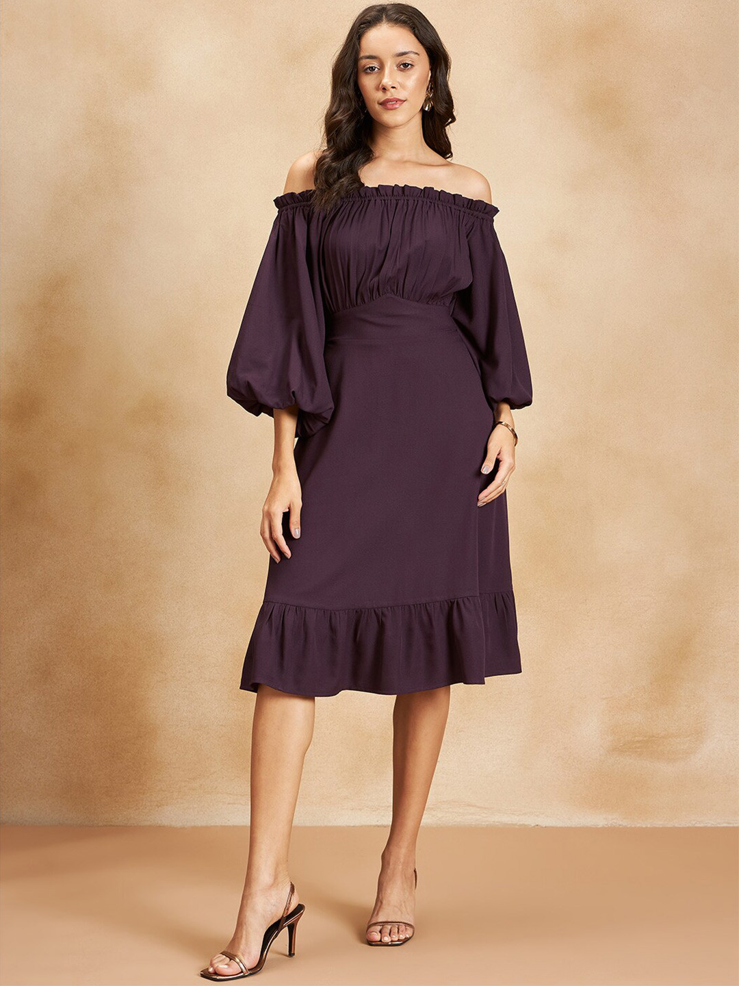 Buy FEMMELLA Off Shoulder Puff Sleeve Gathered Fit & Flare Dress ...