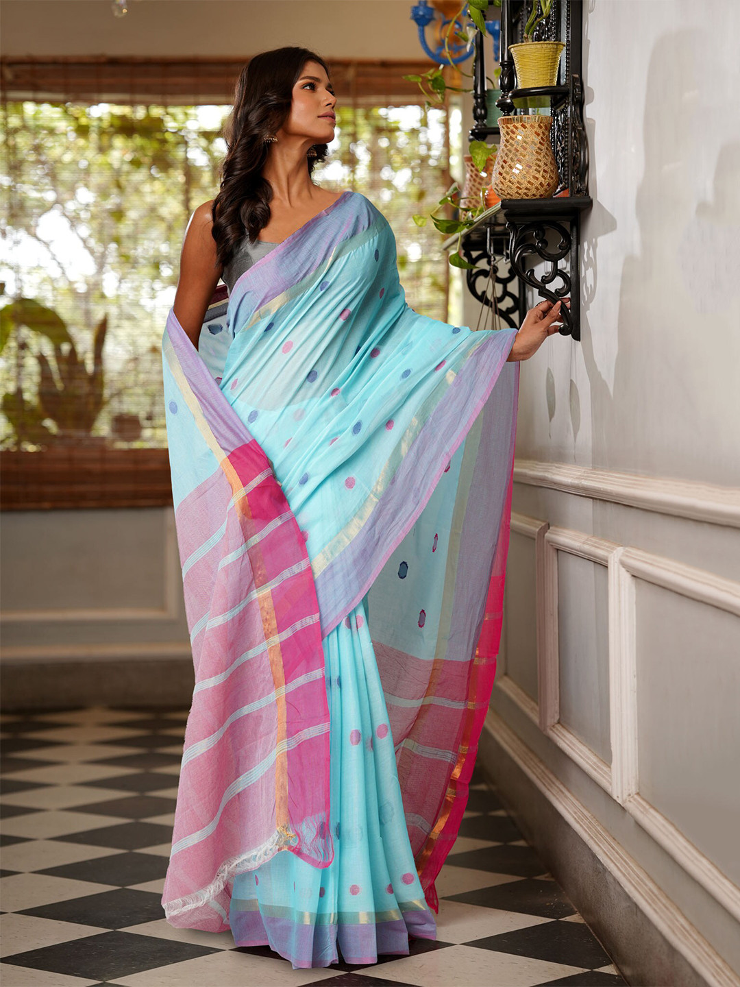 Buy Unnati Silks Geometric Woven Design Zari Pure Cotton Mangalagiri ...