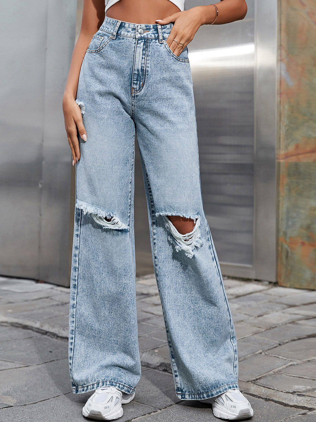 Buy LULU & SKY Women Wide Leg Slash Knee Heavy Fade Whiskers Jeans ...