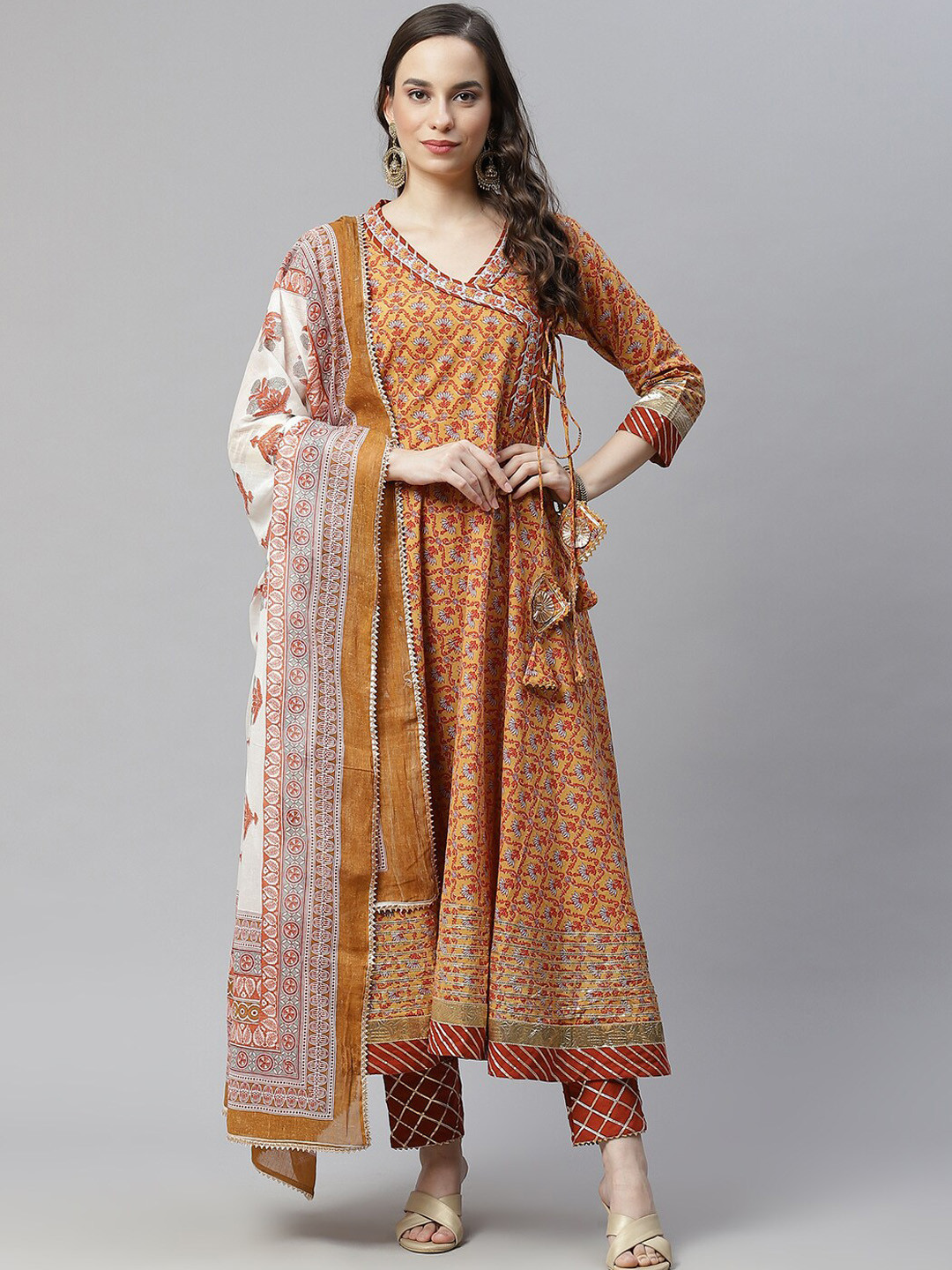 Buy Hatheli Ethnic Motifs Printed Pure Cotton Angrakha Anarkali Kurta ...