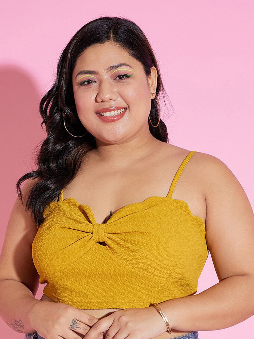 Buy Berrylush Curve Plus Size Yellow Shoulder Straps Fitted Crop Top ...