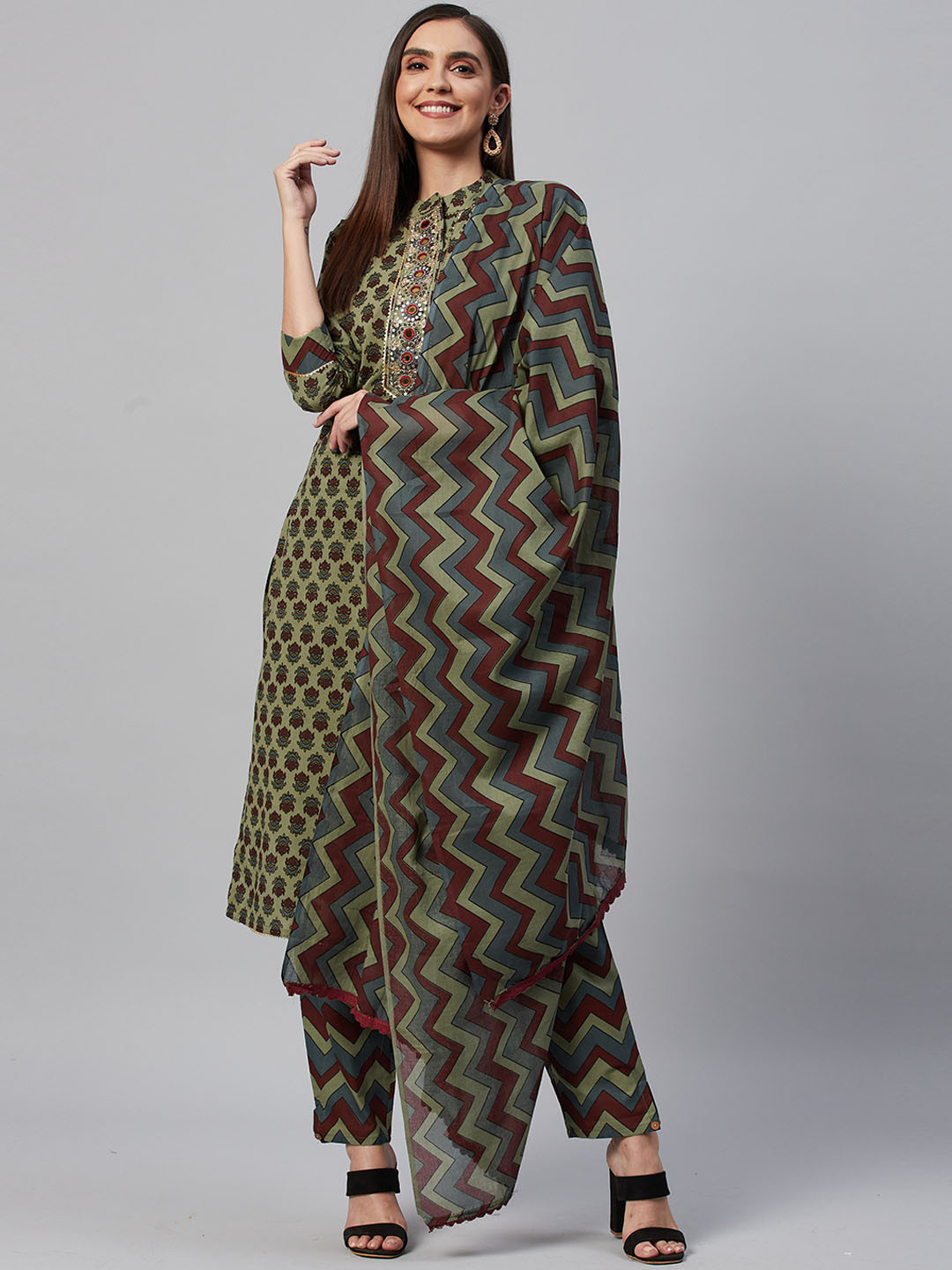 Buy JC4U Ethnic Motifs Printed Regular Mirror Work Pure Cotton Kurta ...