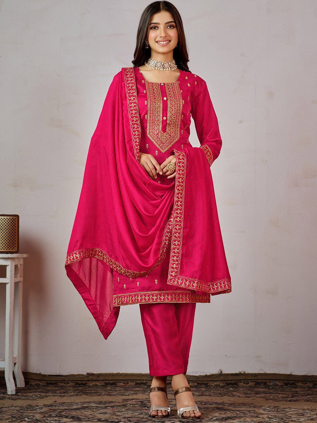 Buy Sangria Pink Ethnic Motifs Embroidered Kurta With Churidar ...