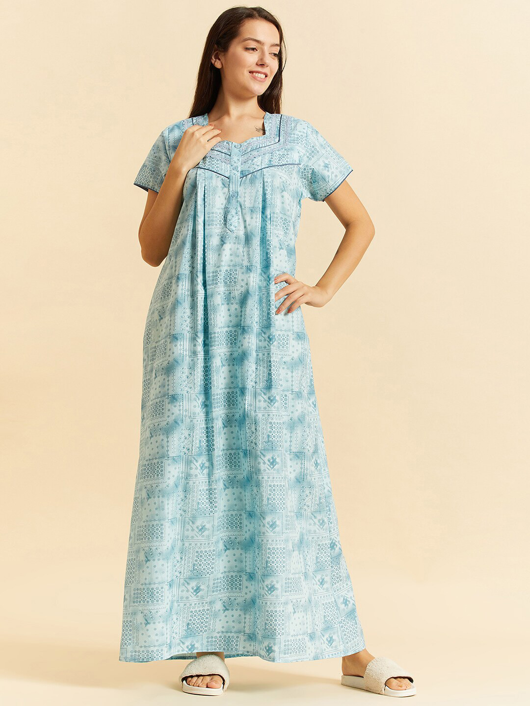 Buy Sweet Dreams Blue Ethnic Motifs Printed Pure Cotton Maxi Nightdress ...