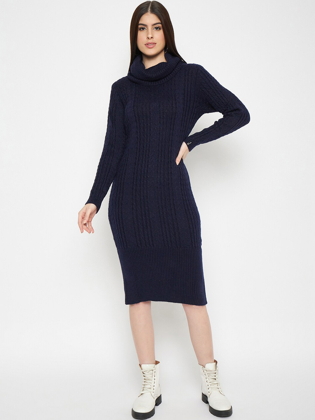 Buy CREATIVE LINE Self Design Cowl Neck Woollen Dress - Dresses for ...