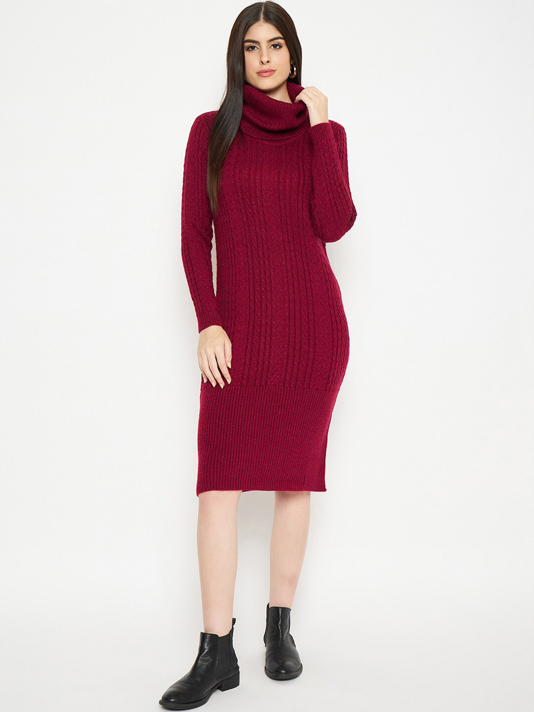 Buy CREATIVE LINE Self Design Cowl Neck Woollen Bodycon Dress - Dresses ...