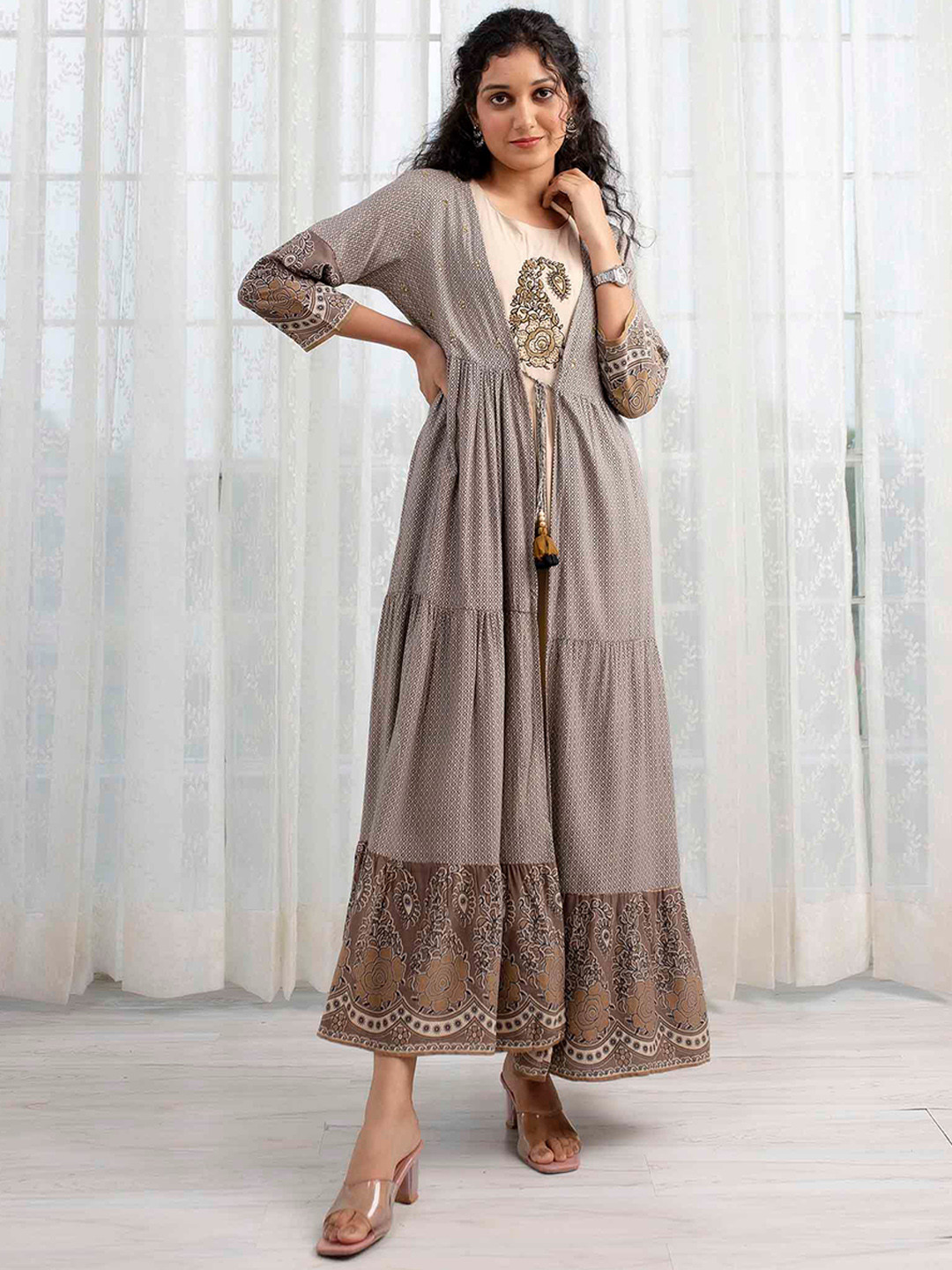 Buy Nehamta Ethnic Motifs Printed Sleeveless Sequined Maxi Ethnic Dress ...