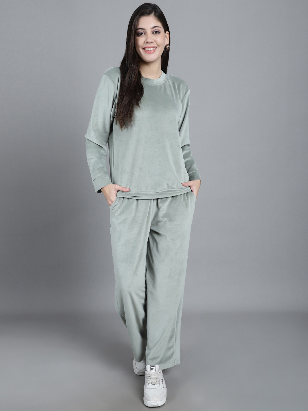 Buy GRACIT Round Neck Long Sleeves Mid Rise Velvet Tracksuits ...