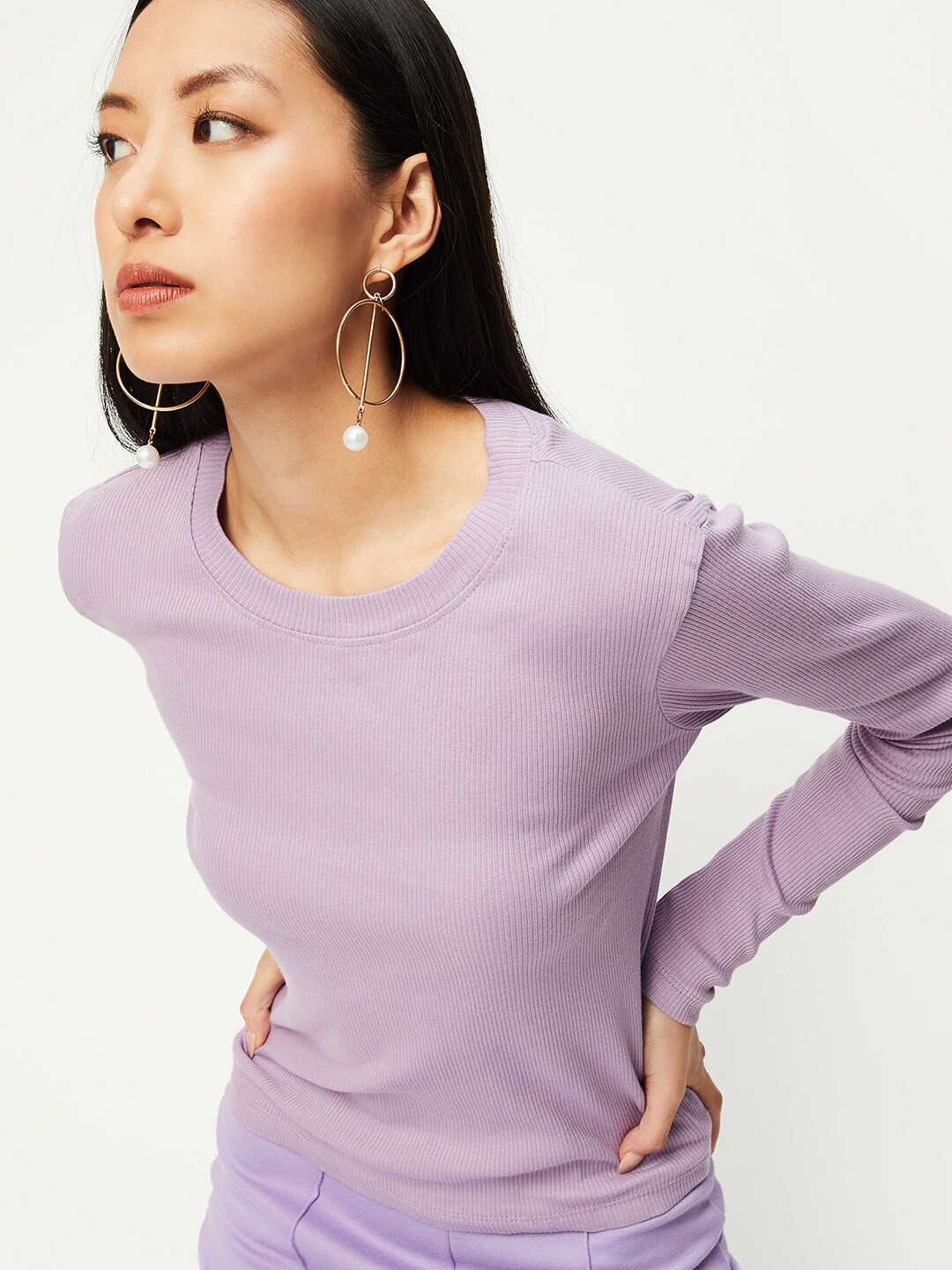 Buy Max Self Design Round Neck Cotton Regular Top - Tops for Women ...