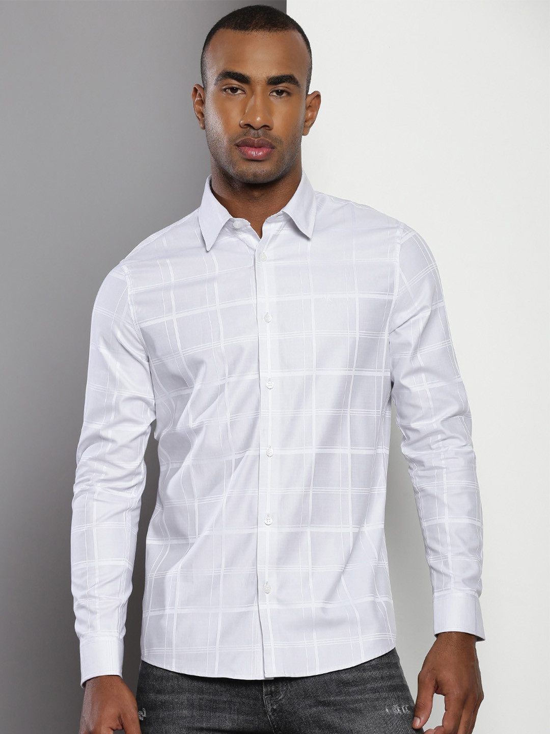 Buy Calvin Klein Slim Fit Windowpane Checked Cotton Casual Shirt ...