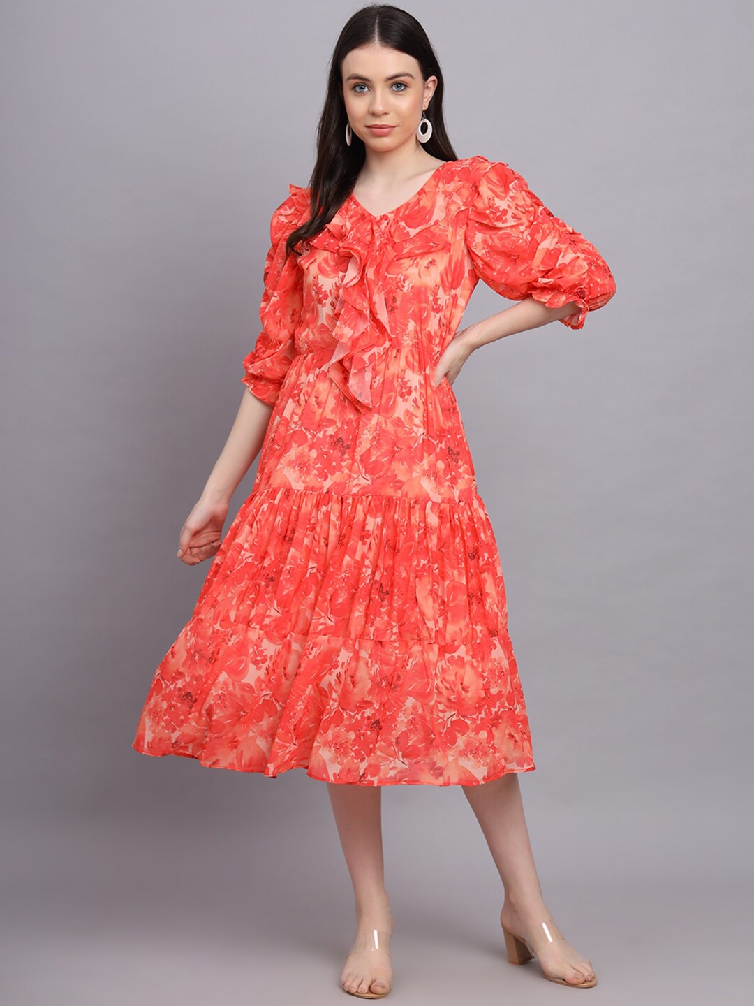 Buy Baesd Floral Printed Puff Sleeve Georgette Fit And Flare Midi Dress