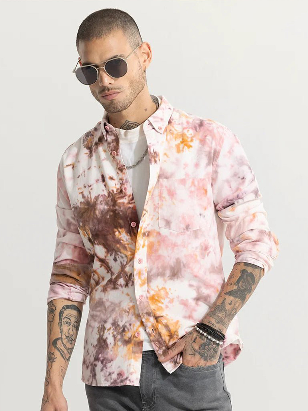 Buy Snitch Pink Classic Slim Fit Abstract Printed Pure Cotton Casual ...