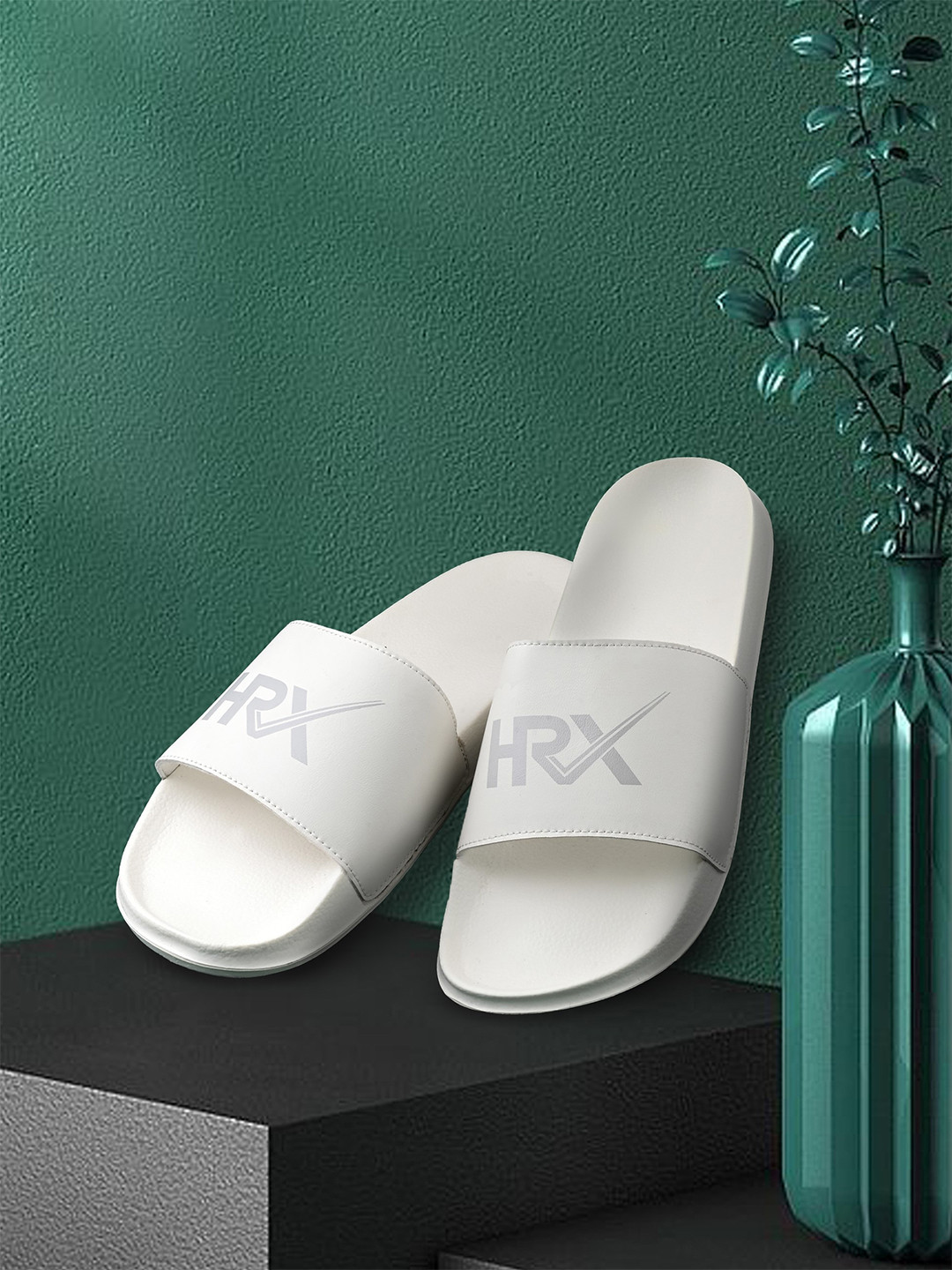 Buy HRX By Hrithik Roshan Women White & Grey Brand Logo Printed Sliders ...