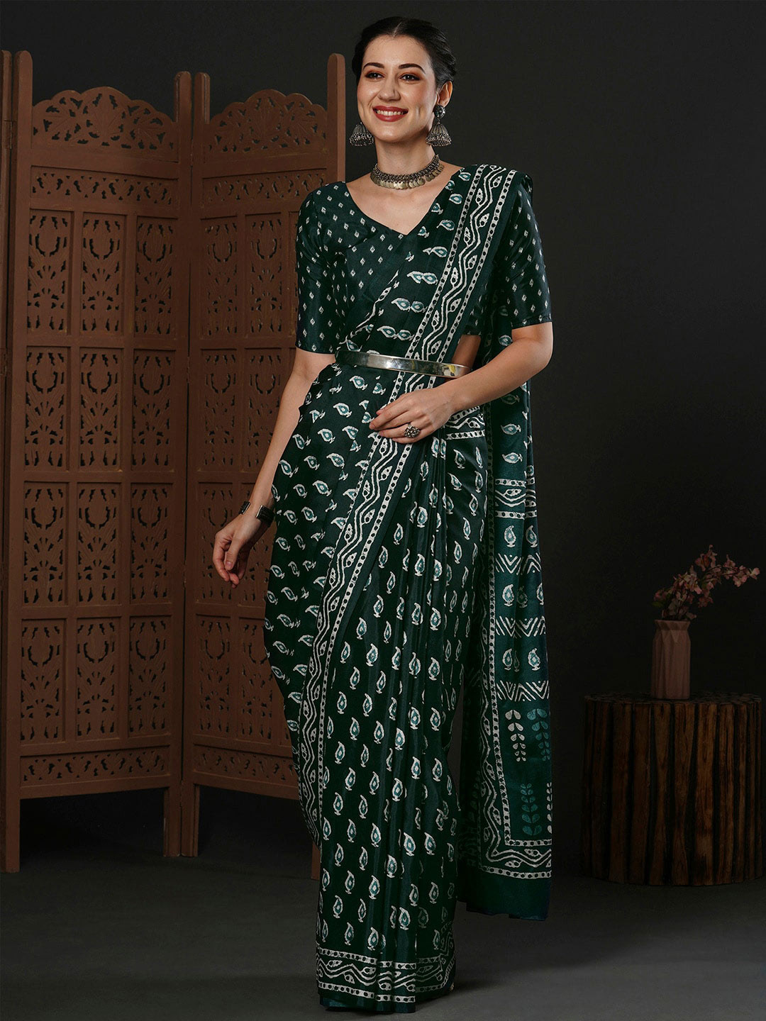 Buy Anouk Rustic Teal Blue Ethnic Motifs Printed Dola Silk Dabu Saree ...