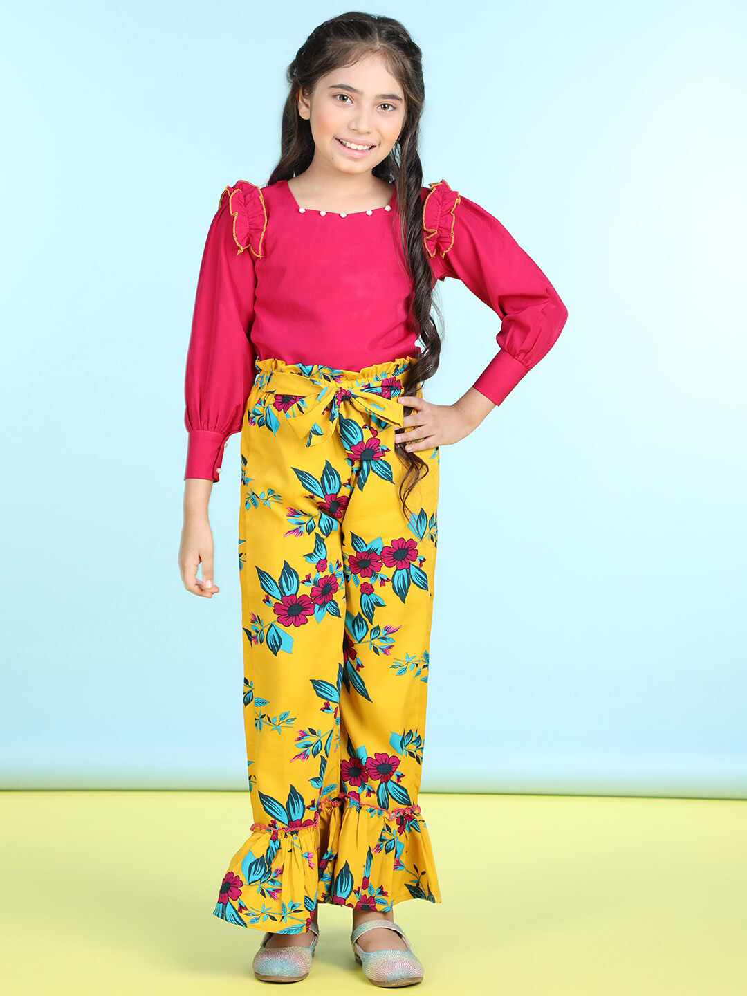 Buy Cutiekins Girls Embellished Cuffed Sleeves Top With Palazzos Clothing Set For Girls