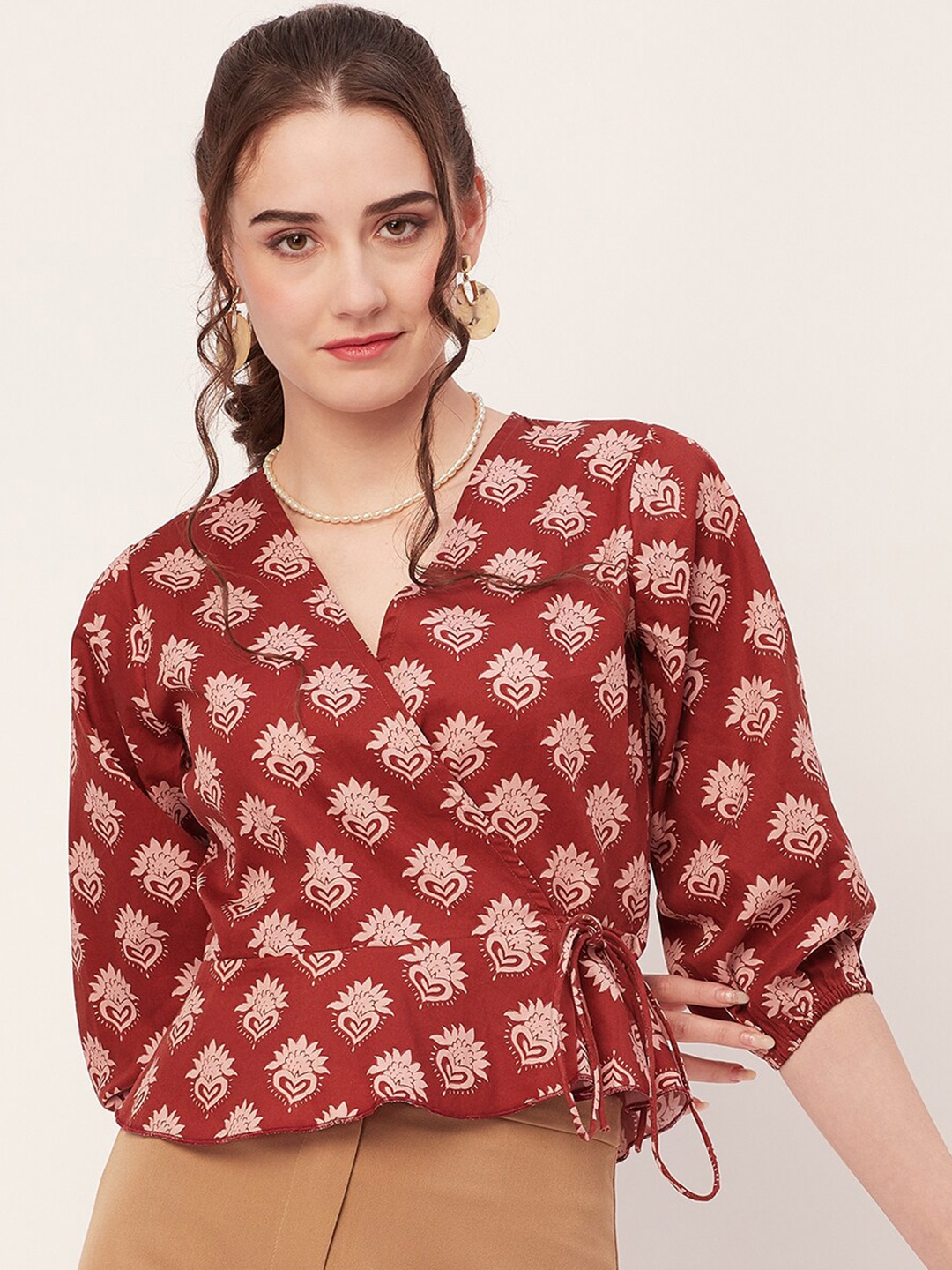 Buy Moomaya Printed Bishop Sleeves Cotton Wrap Crop Top Tops For