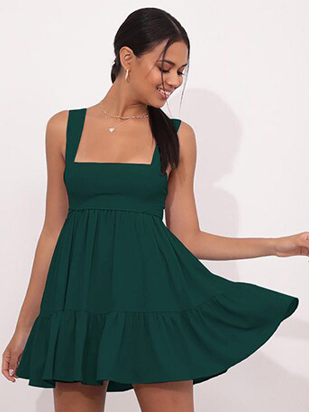 Buy StyleCast Green Shoulder Straps Pleated Fit & Flare Mini Dress ...