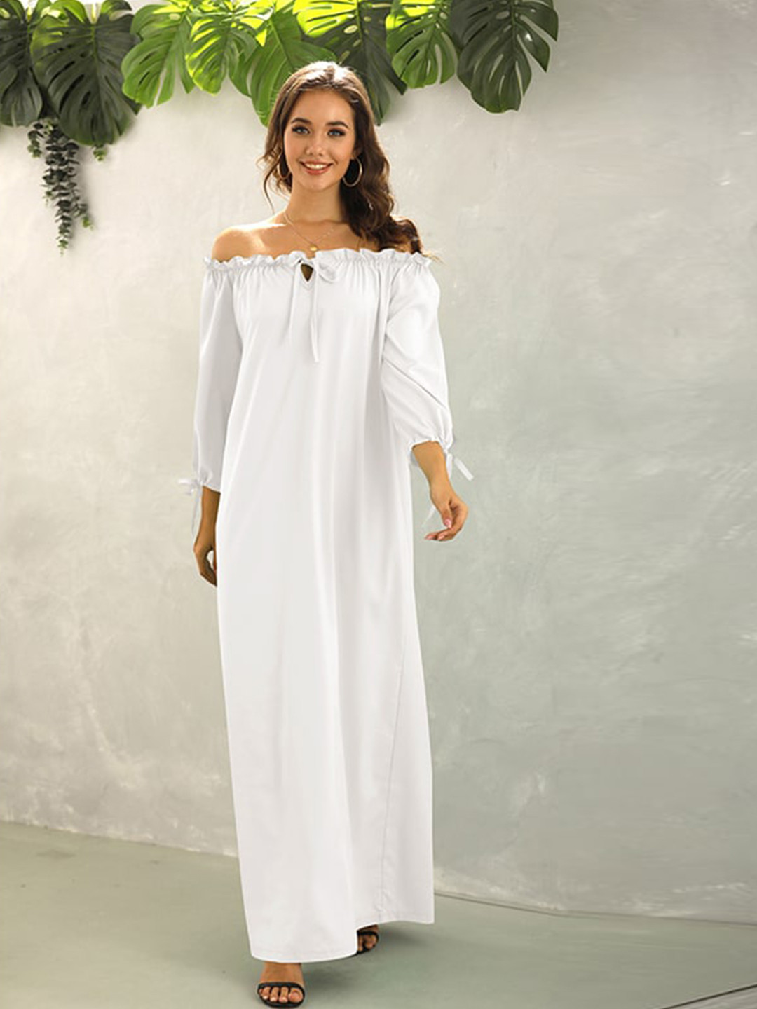 Buy StyleCast White Off Shoulder Puff Sleeves Tie Ups Detail Maxi Dress ...