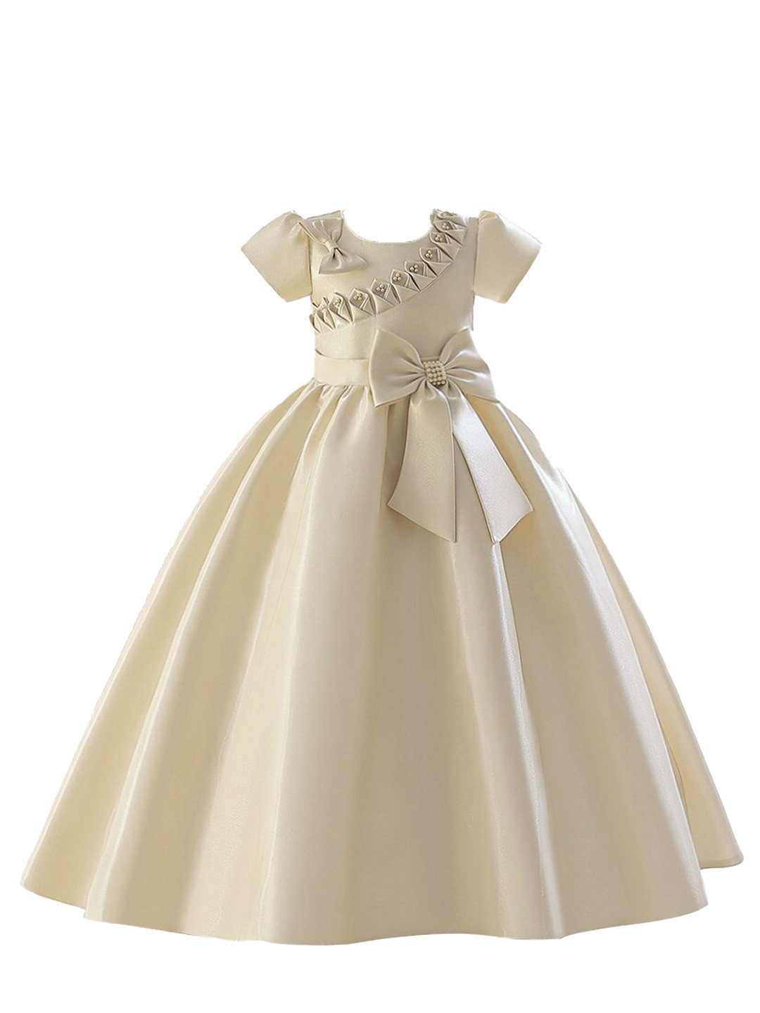 Buy StyleCast Beige Girls Puff Sleeves Beads & Bow Gown Maxi Dress ...