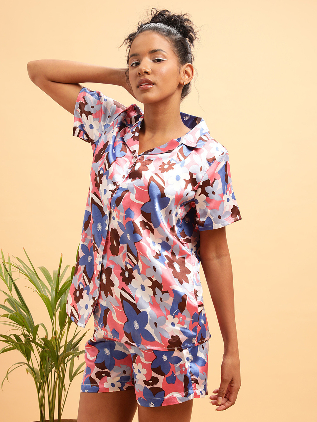 Buy Clovia Blue & Pink Floral Printed Shirt With Shorts - Night Suits ...