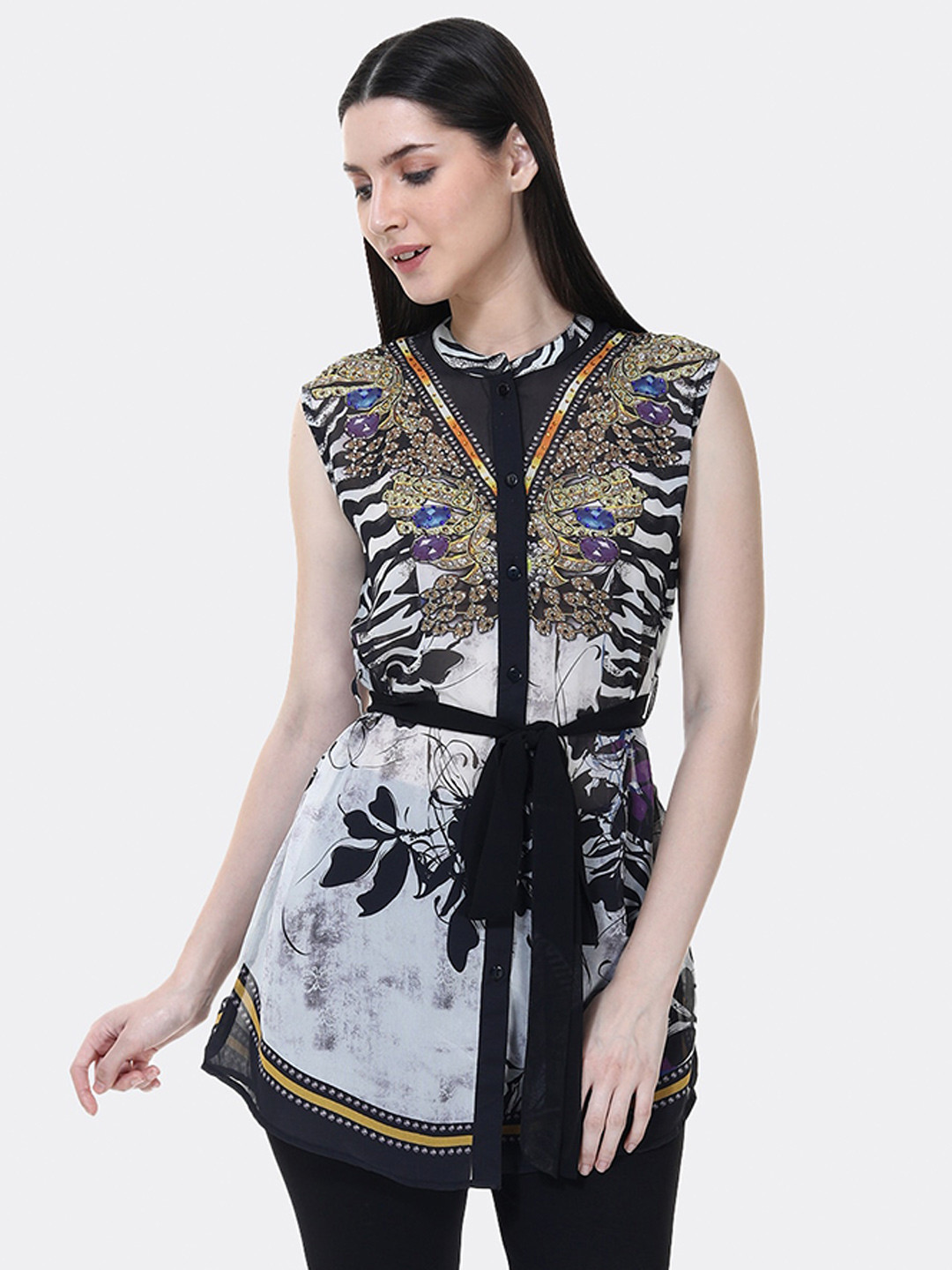 Buy TSM Abstract Printed Mandarin Collar Embellished & Tie Up Bohemian Tunic - Tunics for Women ...