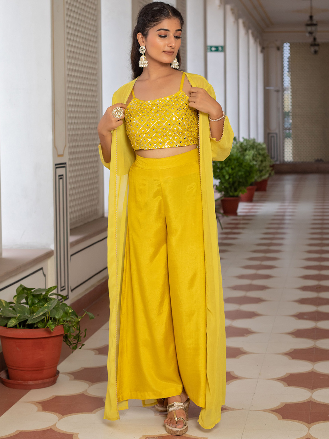 Buy KASYA Embellished Shoulder Straps Ethnic Top With Palazzos & Shrug ...