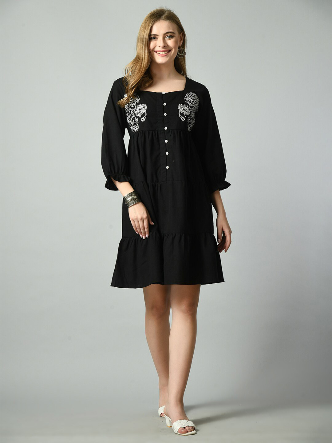 Buy TAKI TAKI Foral Embroidered Puff Sleeve Tiered A Line Dress ...