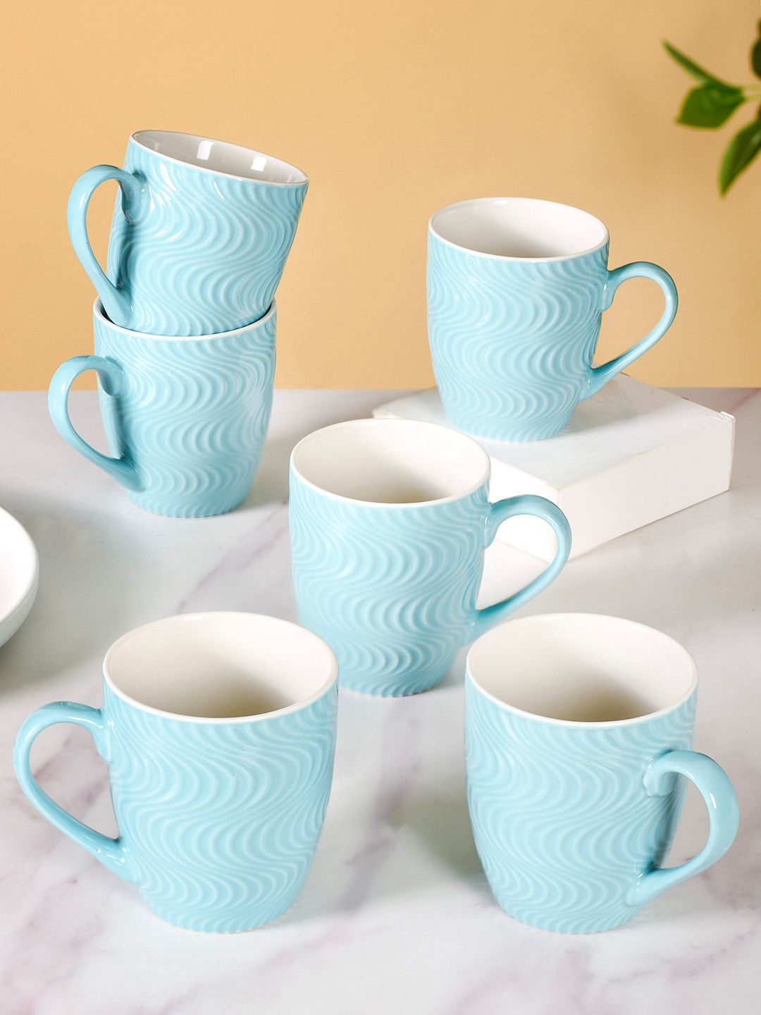 Buy Nestasia Blue & White 6 Pieces Textured Ceramic Glossy Mugs 230 Ml ...