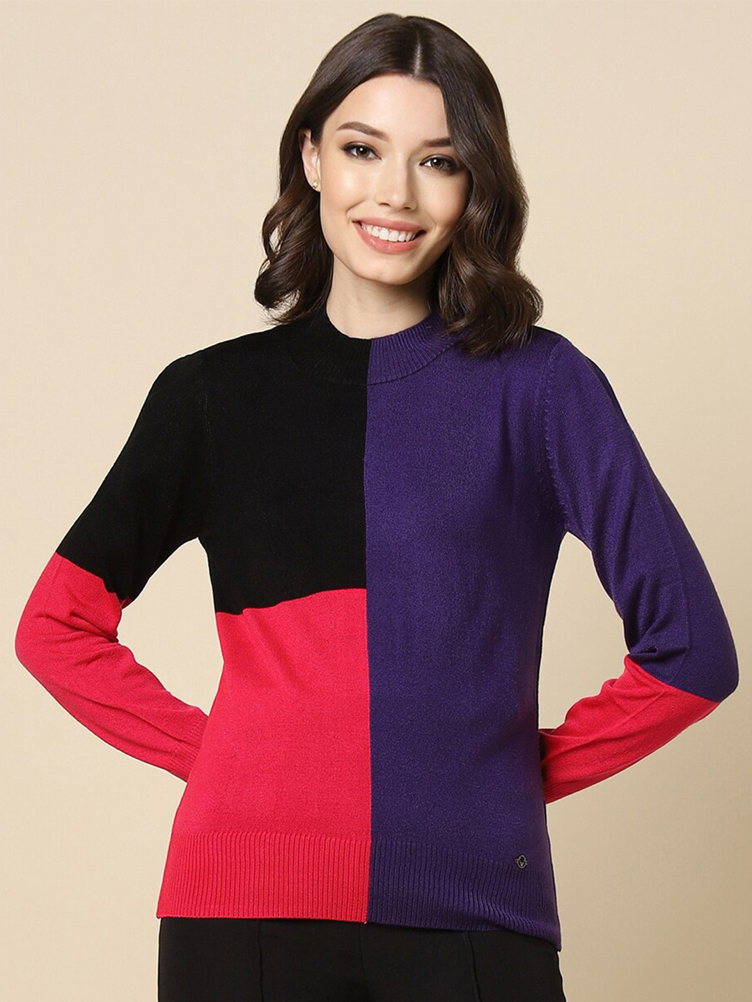 Buy Allen Solly Woman Colourblocked Long Sleeves Pure Acrylic Pullover ...