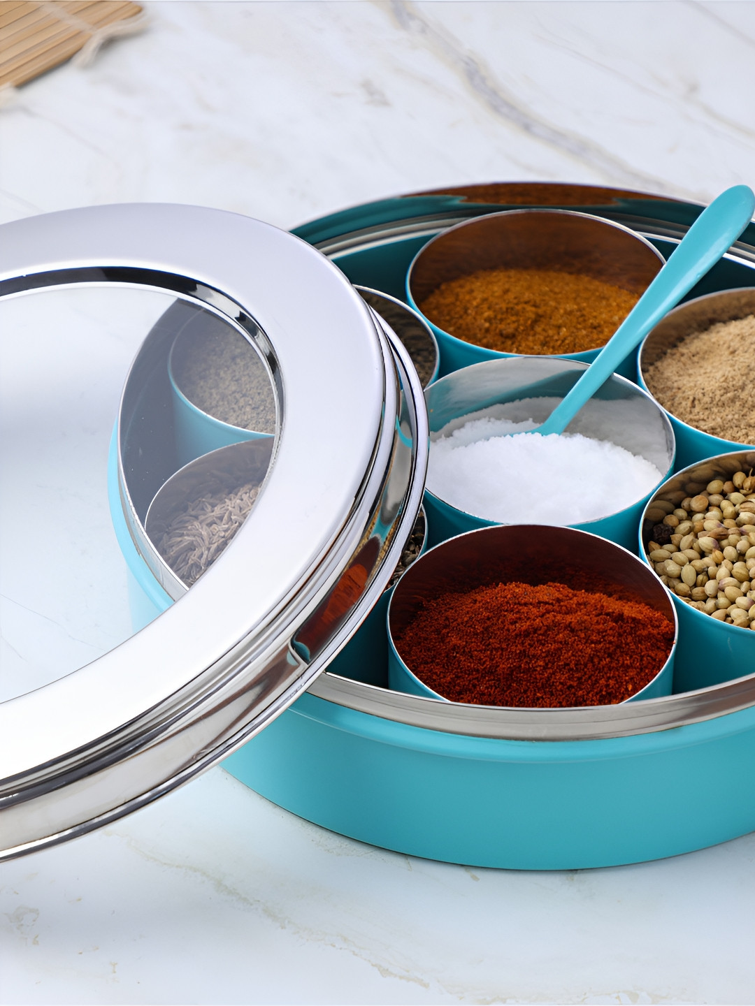 Buy Dudki Turquoise Blue Stainless Steel 7 Container Spice Box With Lid ...