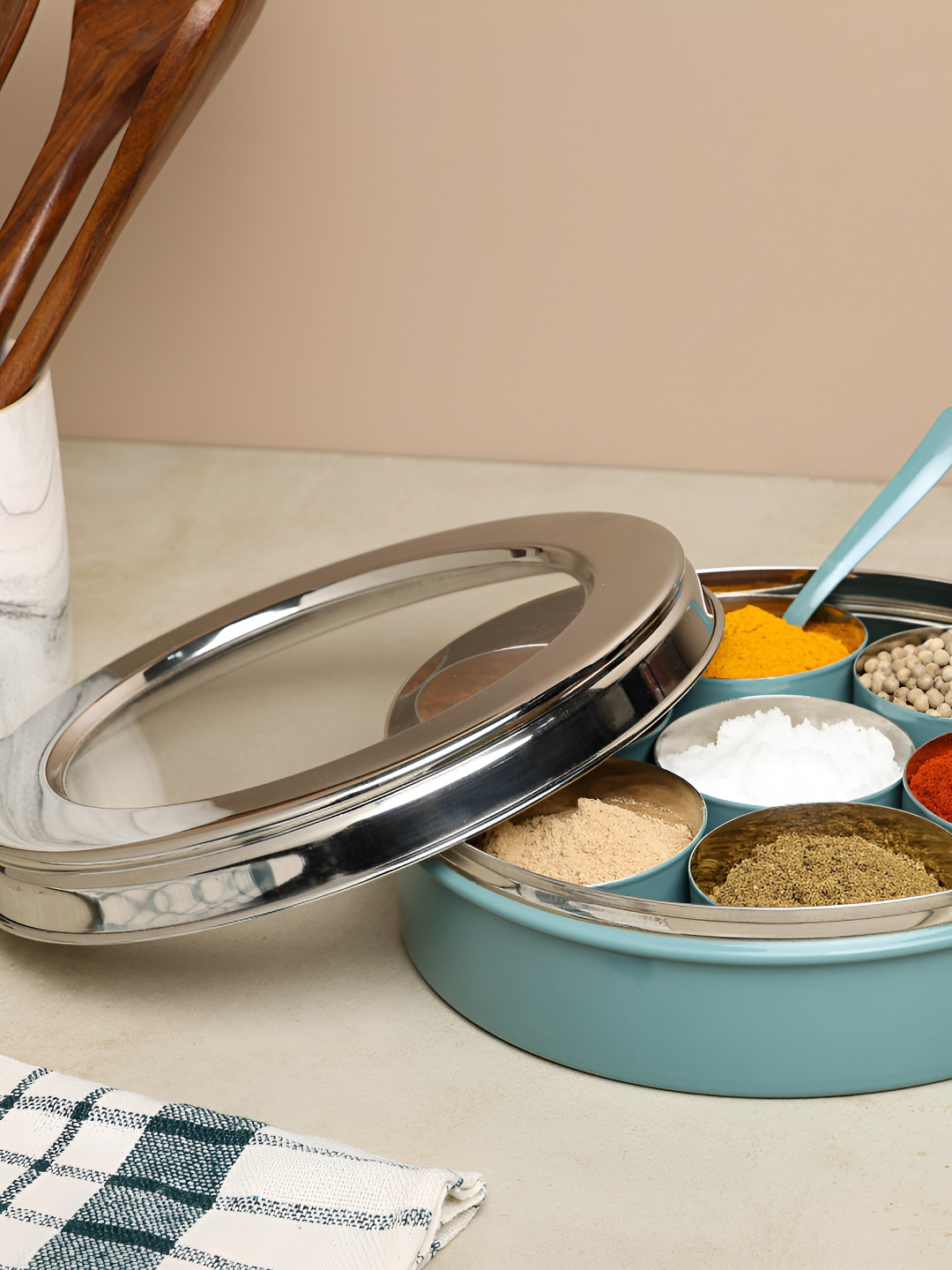 Buy Dudki Green Stainless Steel 7 Container Spice Box With Lid - Spice ...