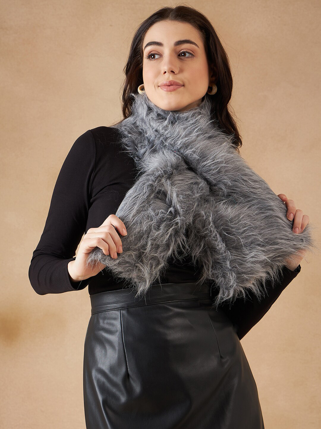 Buy InWeave Grey Self Design Acrylic Faux Fur Scarf - Scarves for Women ...