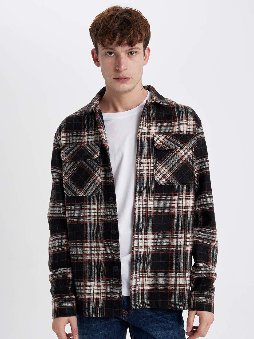 Buy DeFacto Checked Spread Collar Casual Shacket - Shackets for Men ...