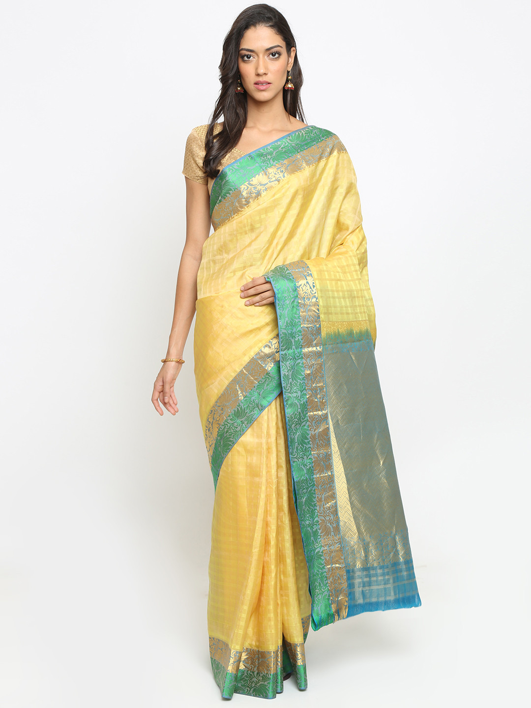 Buy The Chennai Silks Yellow Checked Pure Silk Saree - Sarees for Women ...
