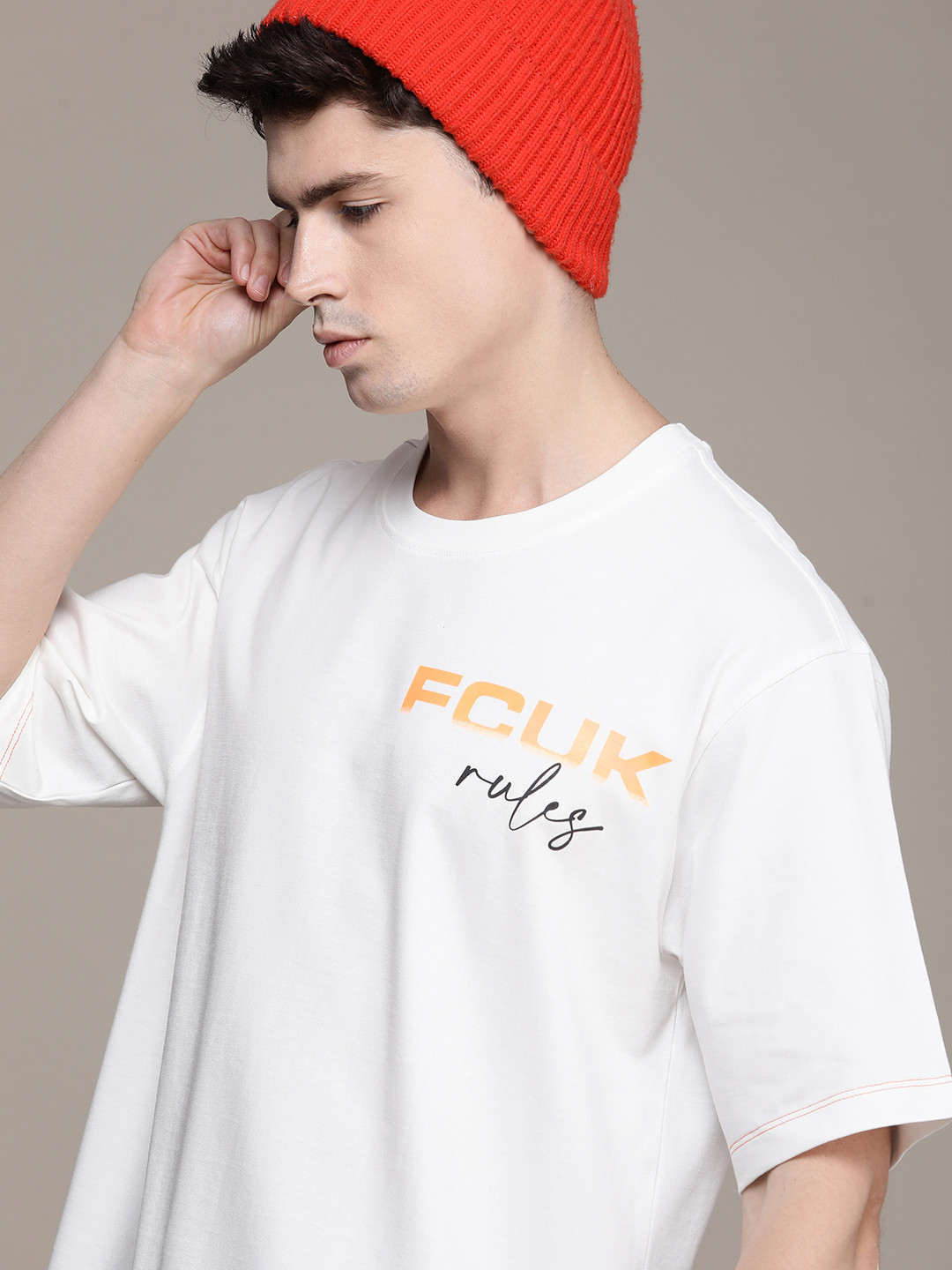 Buy FCUK Brand Logo Printed Drop Shoulder Sleeves Pure Cotton Oversized ...