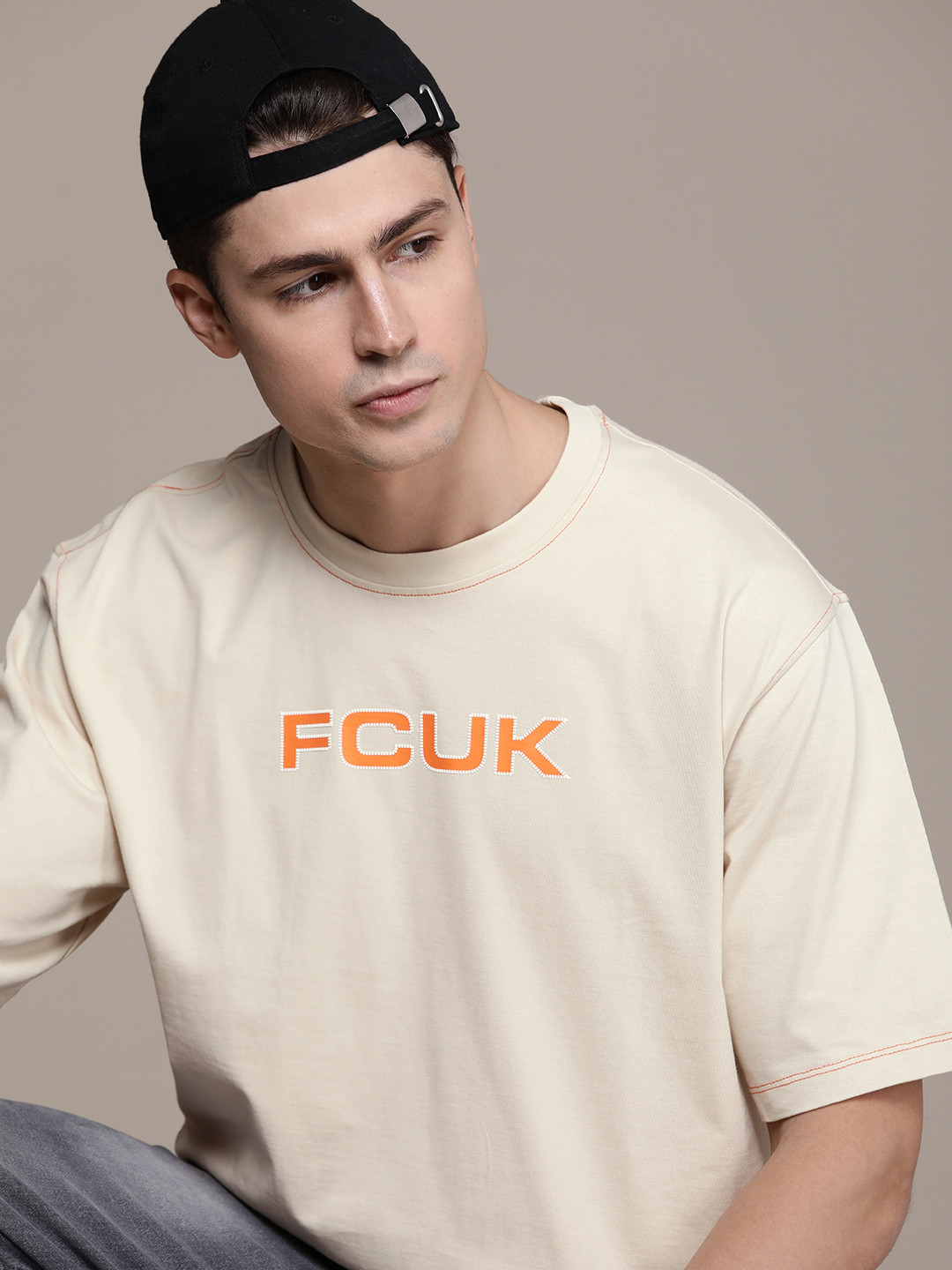 Buy FCUK Brand Logo Printed Drop Shoulder Sleeves Pure Cotton Oversized ...