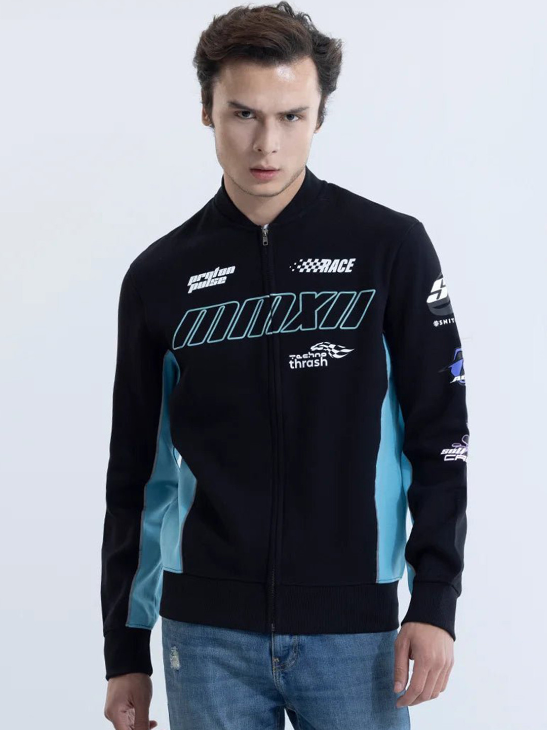 Buy Snitch Black & Blue Typography Printed Lightweight Cotton Bomber ...