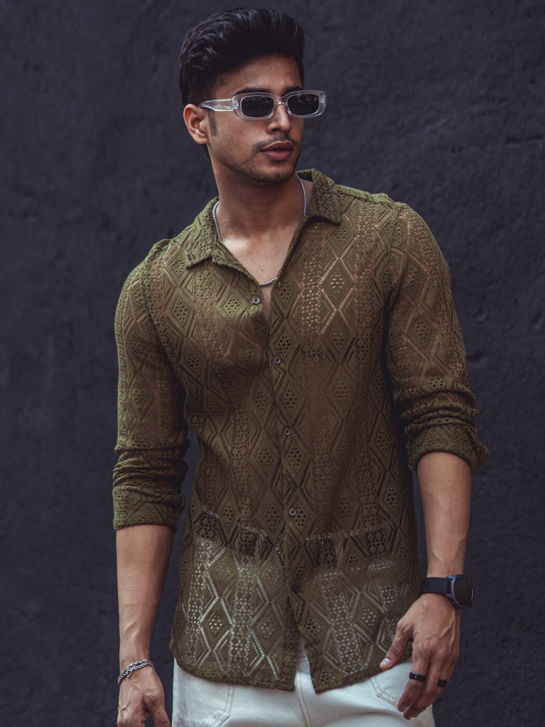 Buy Powerlook Olive Green India Slim Sheer Self Design Casual Crochet ...