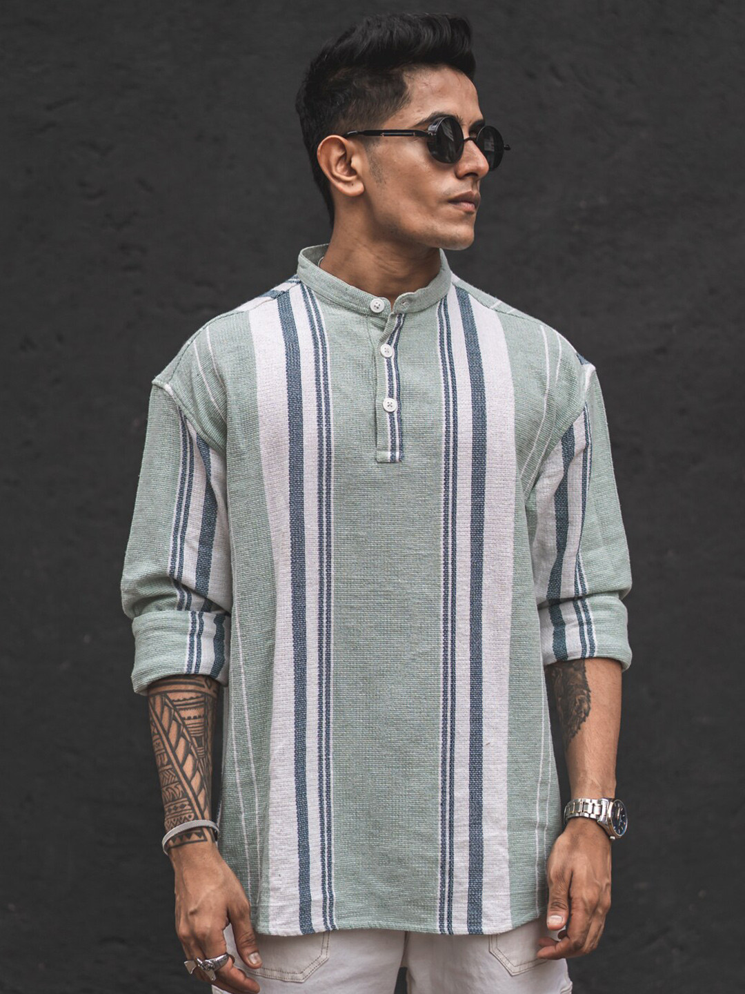 Buy Powerlook Green India Slim Multi Striped Oversized Casual Shirt ...