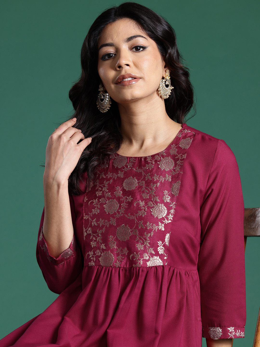 Buy Sangria Women Ethnic Motifs Woven A Line Kurta - Kurtas for Women ...