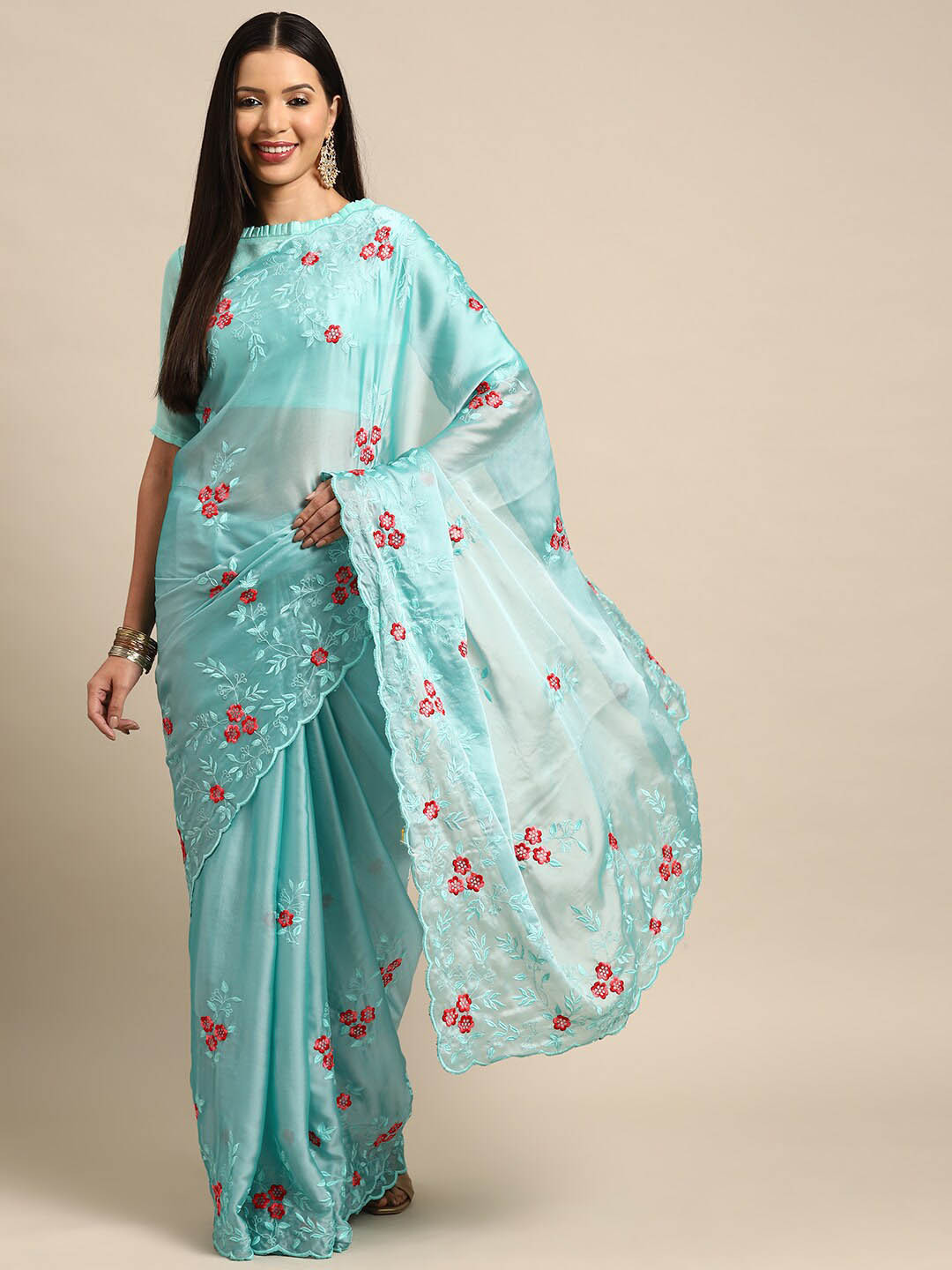 Buy Mitera Turquoise Blue Floral Embroidered Pure Silk Saree - Sarees ...