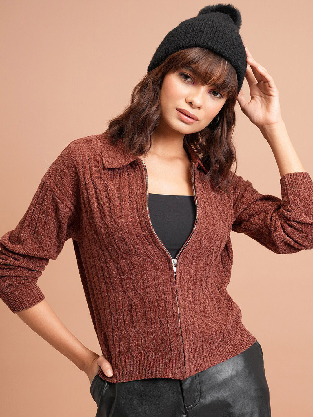 Buy Tokyo Talkies Women Brown Cable Knit Acrylic Front Open Sweaters ...